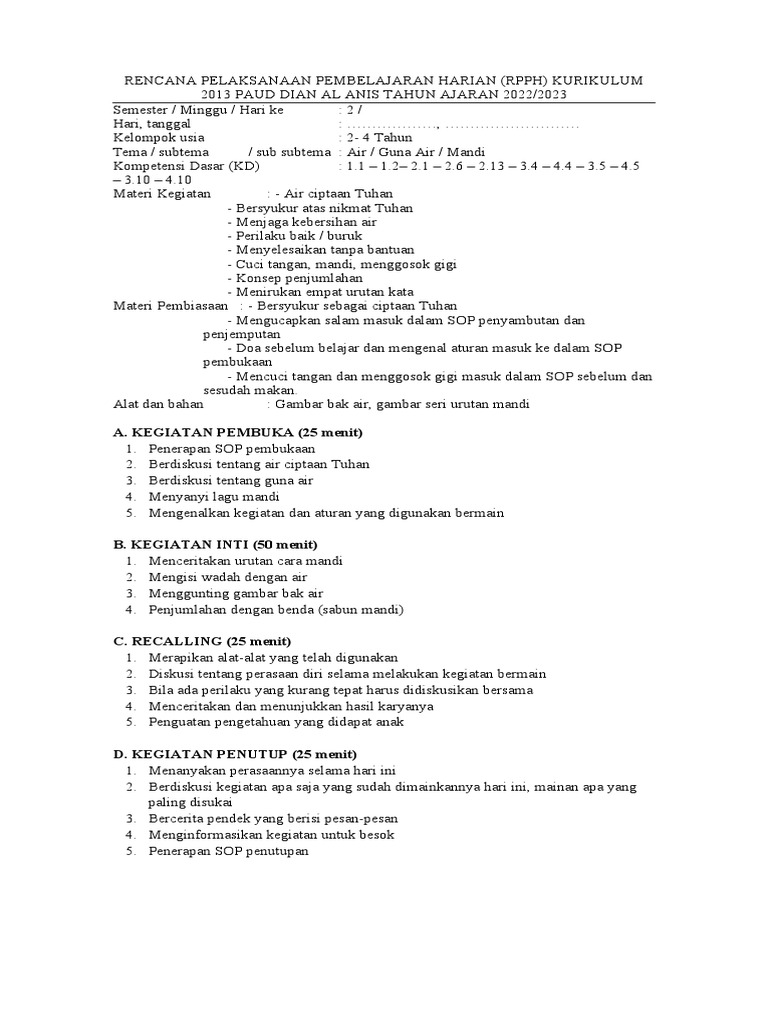 RPPH PAUD Tema Air Kelas B Semester 2 | PDF