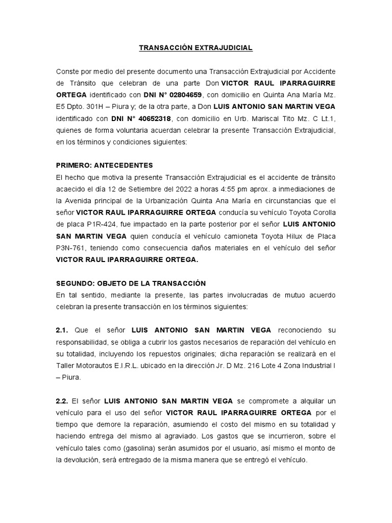 Transacción Extrajudicial Dante | PDF