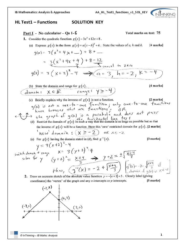 Aa HL Test1 Functions v1 Sol Key | PDF