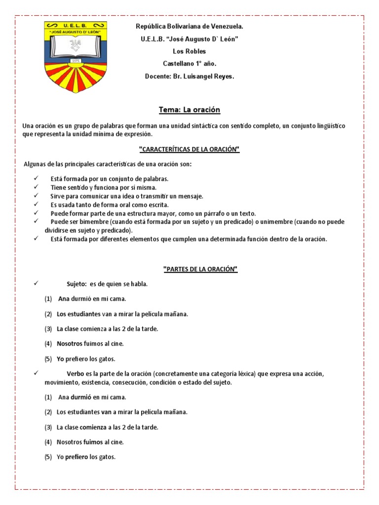 Clase 3 La Oración Pdf Oración Lingüística Verbo