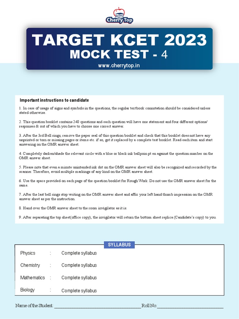 Mock Test Paper-4 Kcet --1 | PDF