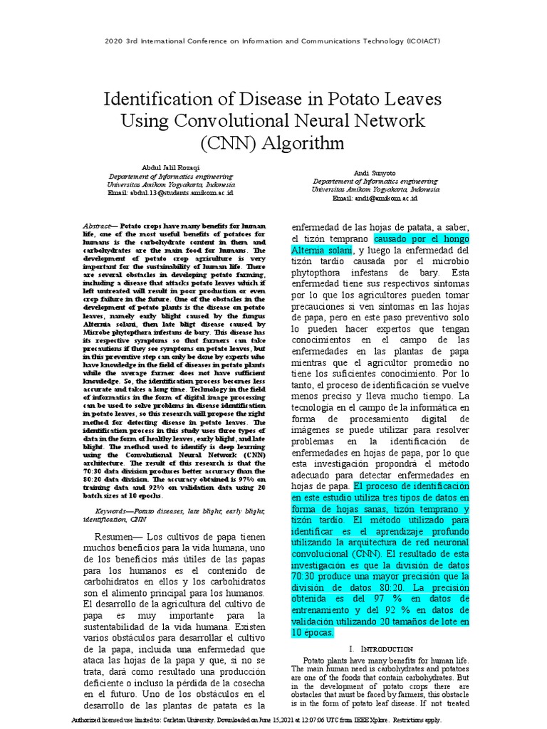 Identification Of Disease In Potato Leaves Using Convolutional Neural Network Cnn Algorithm