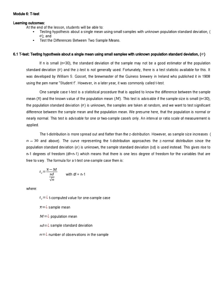 Module 6 T Test | PDF | Student's T Test | Standard Deviation