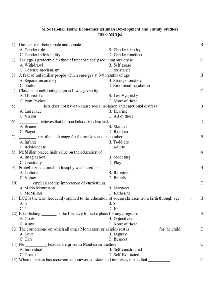 1000 MCQs (Human Development and Family Studies) | PDF | Id | Hearing Loss