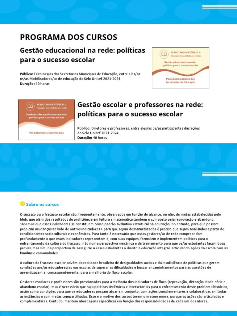 Programas Dos Cursos Políticas para o Sucesso Escolar Na Rede | PDF