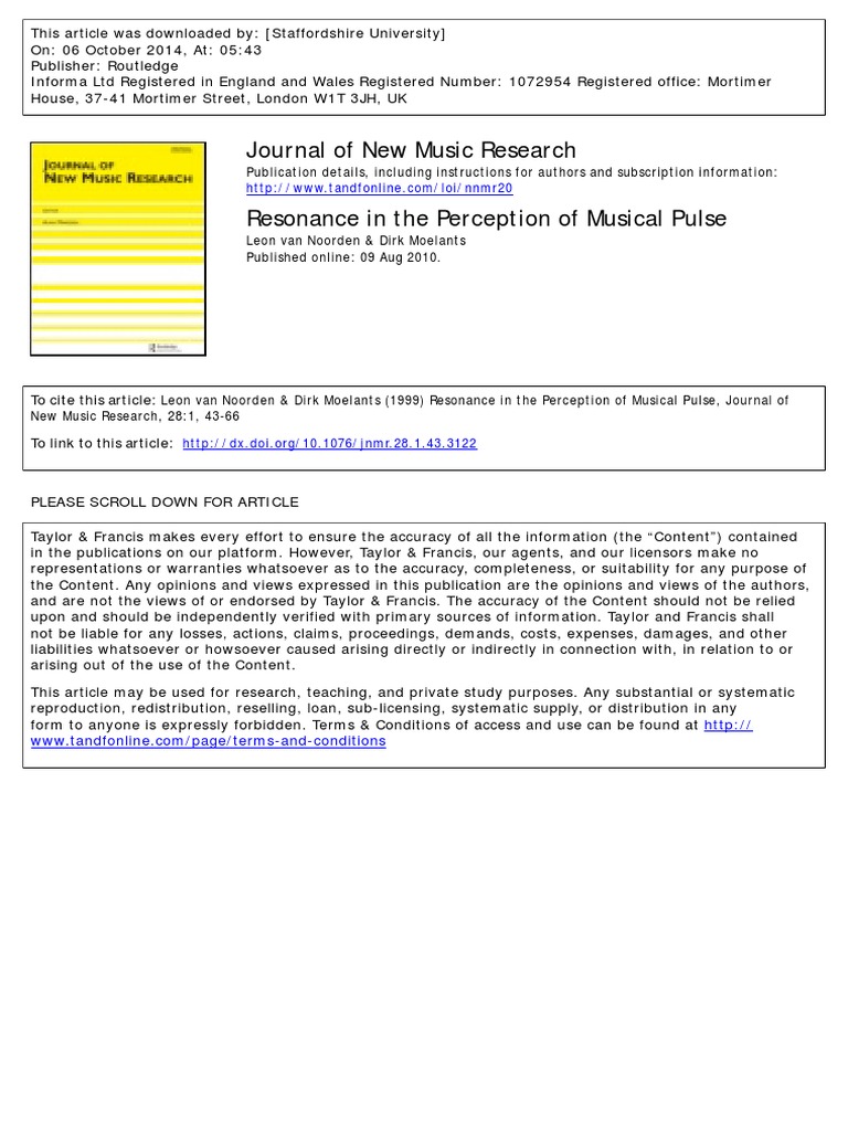 "Resonance in The Perception of Musical Pulse" Leon Van Noorden & Dirk ...