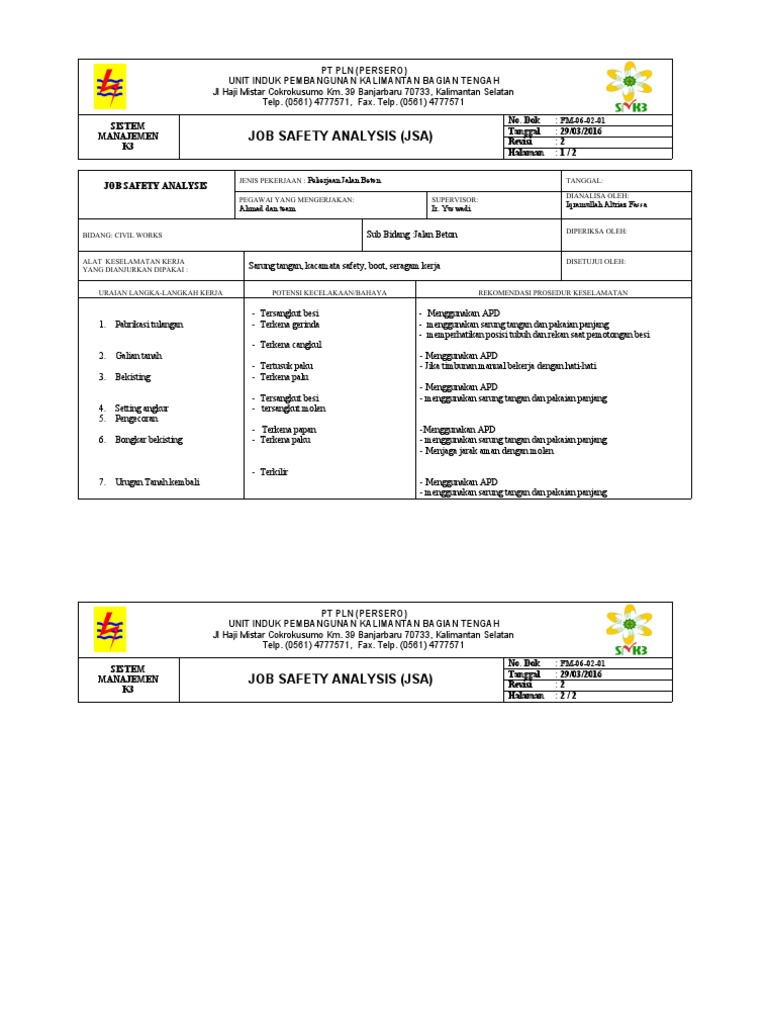 Job Safety Analysis (Jsa) : PT PLN (Persero) Unit Induk Pembangunan ...