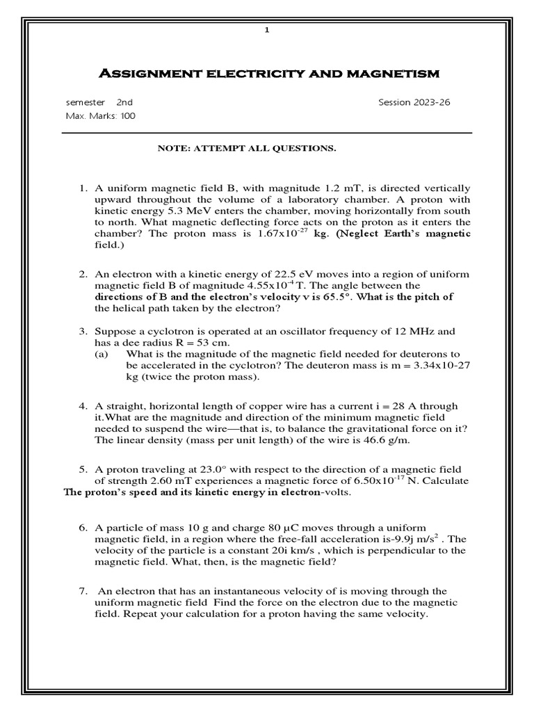 Assignment Electricity and Mag. | PDF | Electron | Magnetic Field