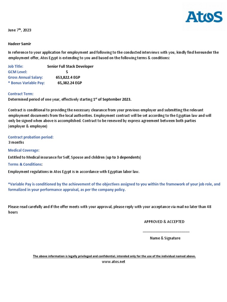 Atos Egypt Employment Offer Letter | PDF
