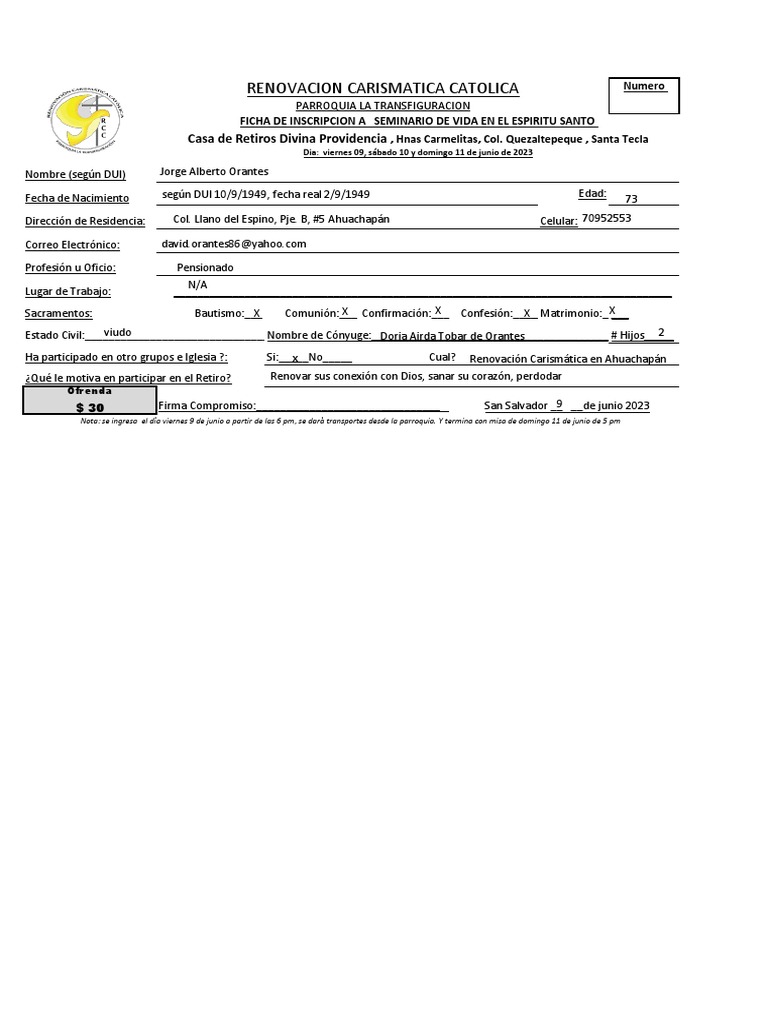 Ficha de Inscripcion para Retiro Junio 2023 Una Ficha | PDF