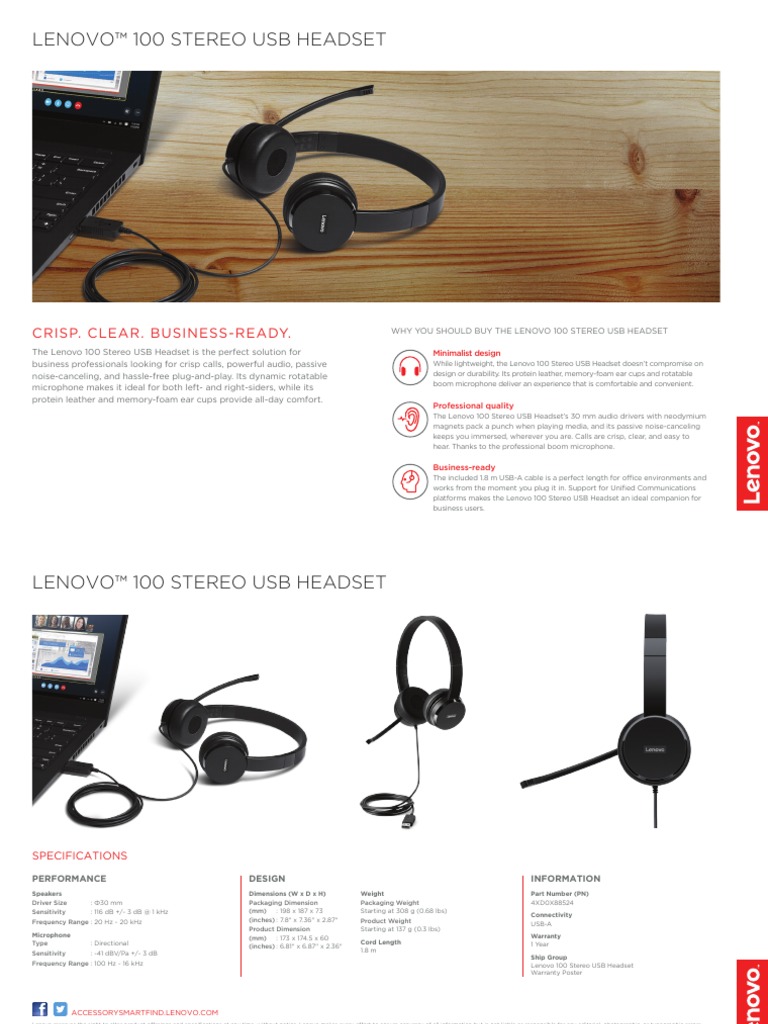 Lenovo™ 100 Stereo Usb Headset: Crisp. Clear. Business-Ready | PDF | Headphones | Microphone