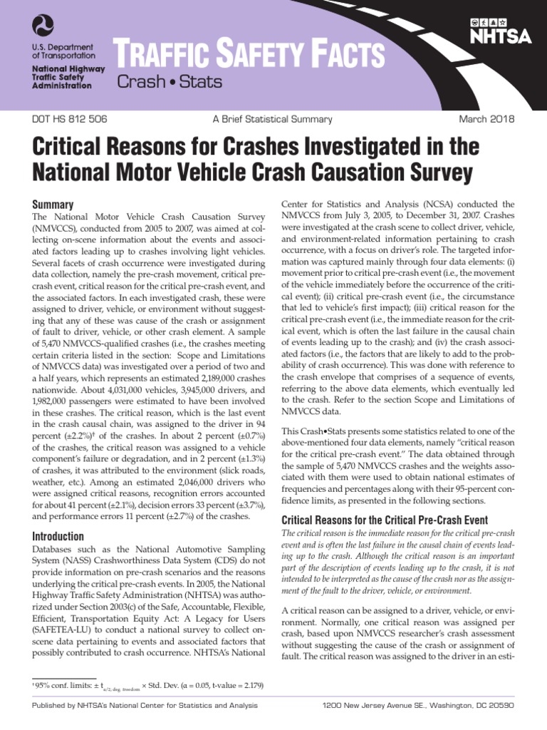 Critical Reasons For Crashes Investigated in The National Motor Vehicle Crash Causation Survey ...