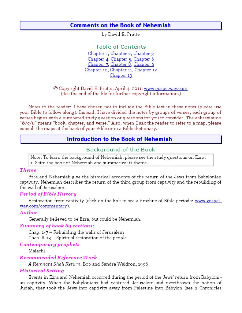 Comments On The Book of Nehemiah: Theme | PDF | Book Of Esther | Hebrew ...