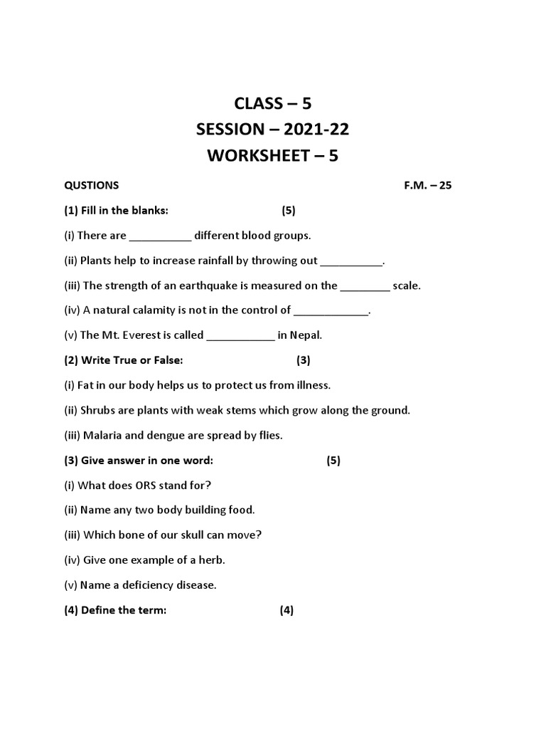 Class 5 EVS Worksheet-5 | PDF
