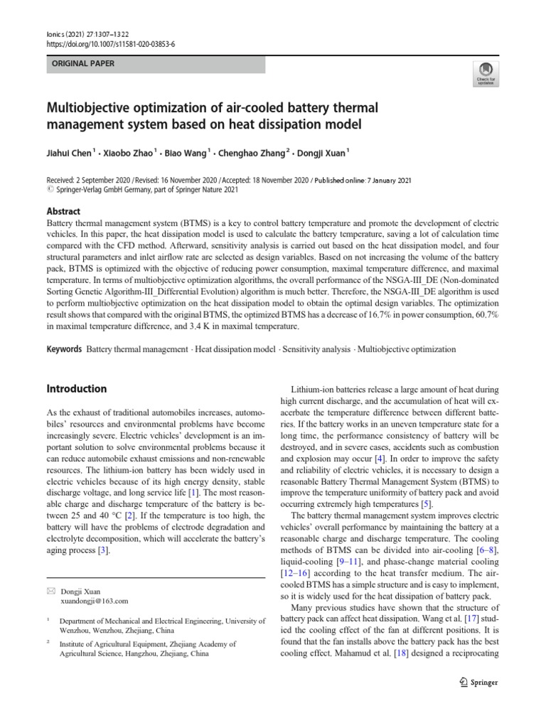 Multiobjective Optimization Of Air Cooled Battery Thermal Pdf