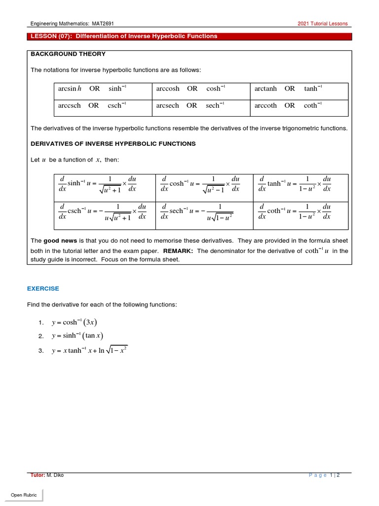 Lesson 07 Differentiation of Inverse Hyperbolic Functions ...