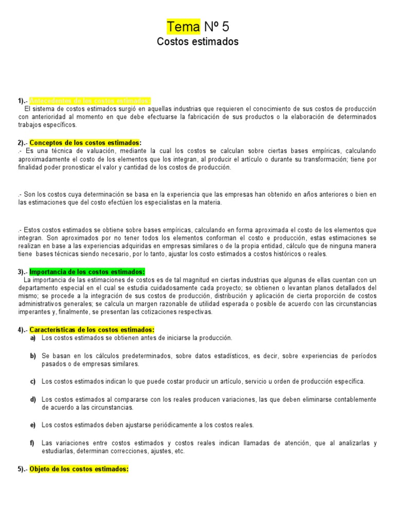 Costos Estimados | Descargar gratis PDF | Presupuesto | Costo