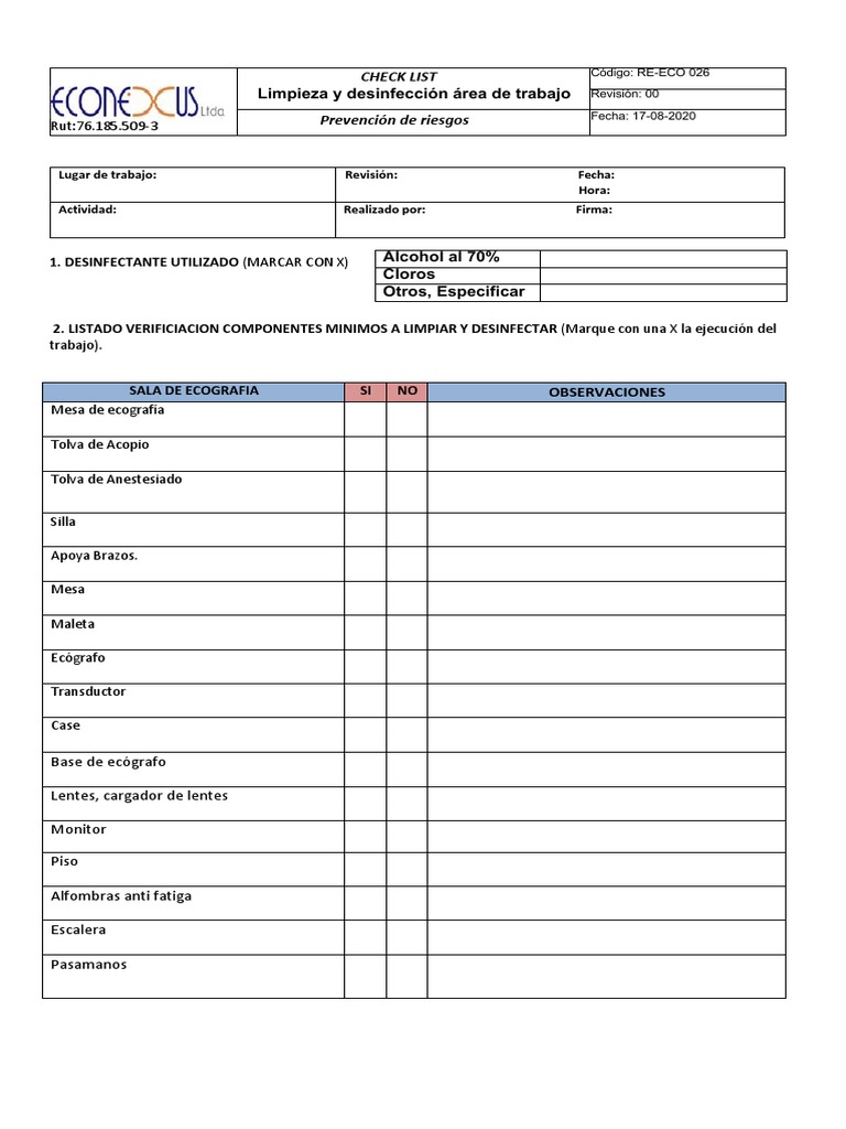 RE-ECO-026 Check List Limpieza y Desinfeccion Area de Trabajo | PDF