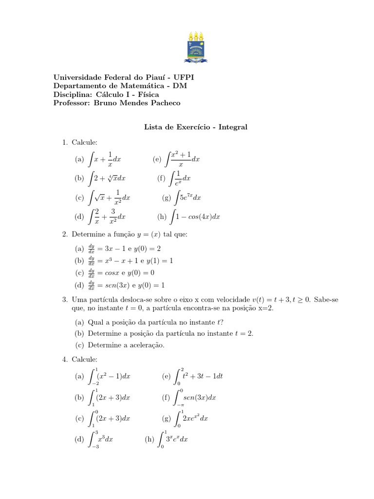 Lista de Exercício - Integral | PDF | Matemática | Analise matemática