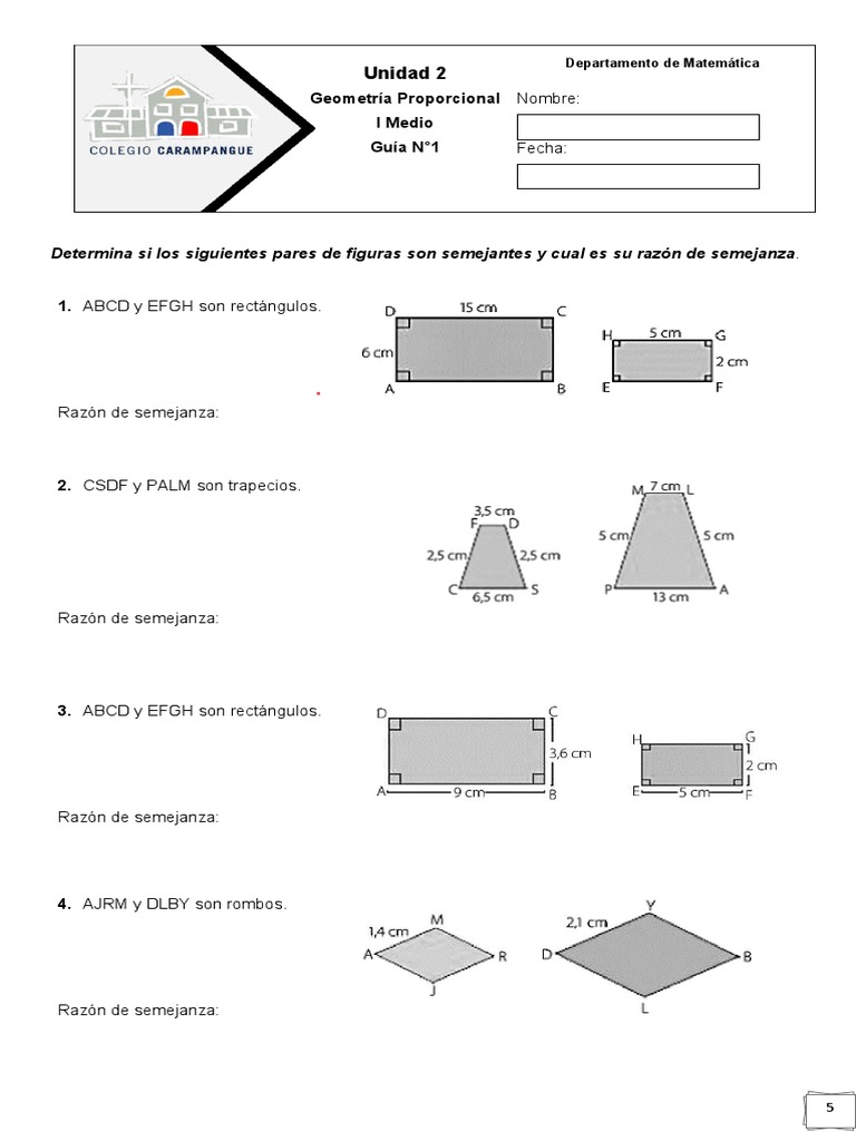 Guía 1 - Semejanza (Ejercicios) | PDF