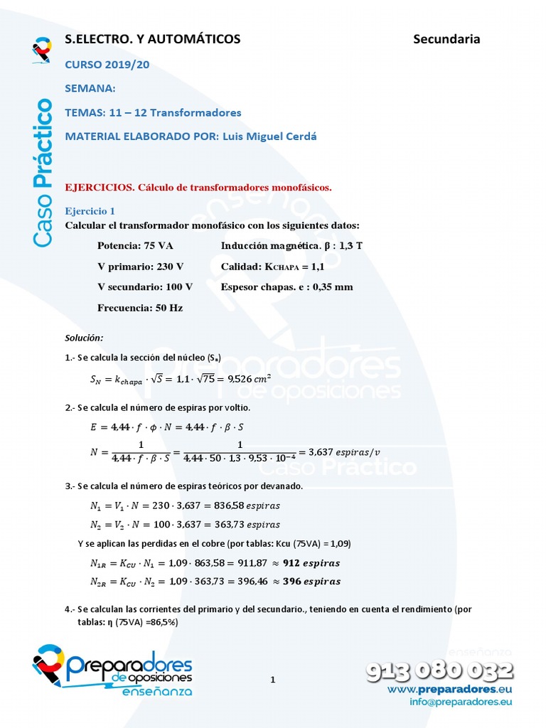 Cálculo de Transformadores Monofásicos | PDF | Transformador | Cantidades fisicas
