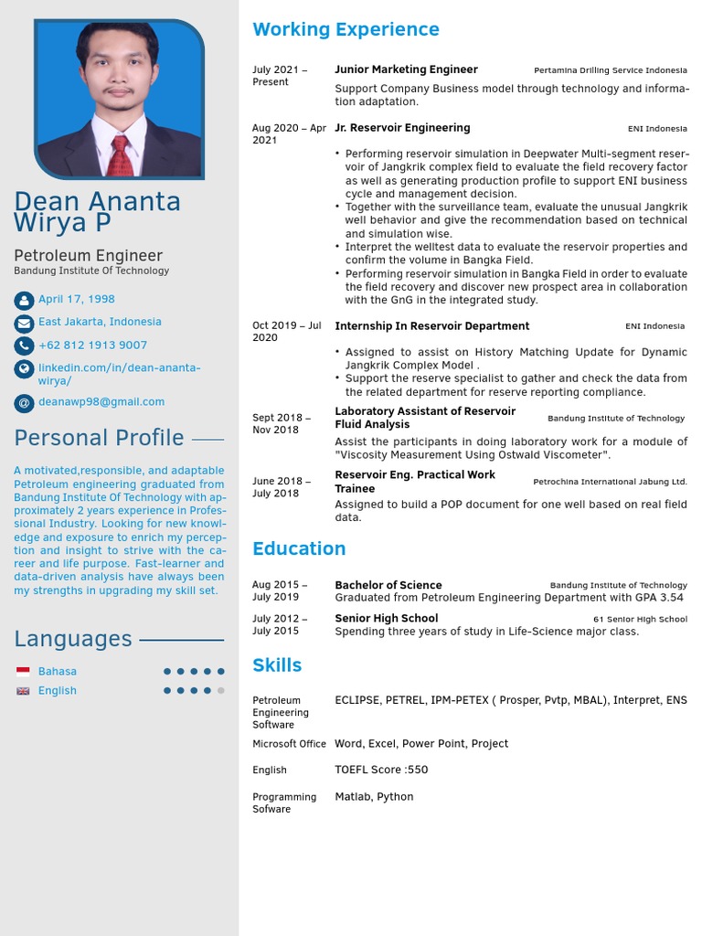 Dean Wirya: Petroleum Engineer Profile | PDF | Petroleum Reservoir
