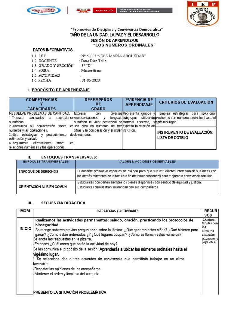 Sesión de Matemáticas Números Ordinales (01-06 - 2023) | PDF