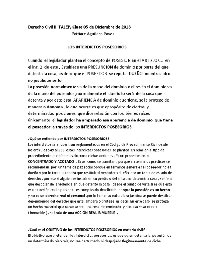 Interdictos Posesorios Derecho Civil Ii | PDF