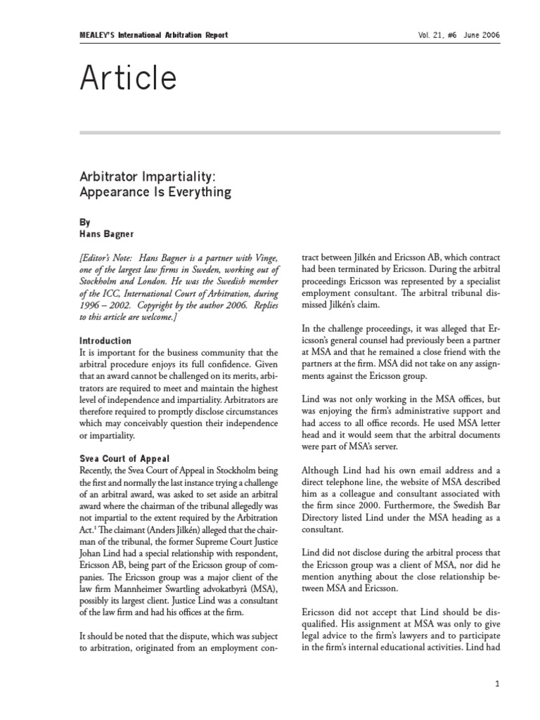 Bagner Arbitrator Impartiality-Appearance Is Everything Mealeys 2006 | PDF | Arbitration ...