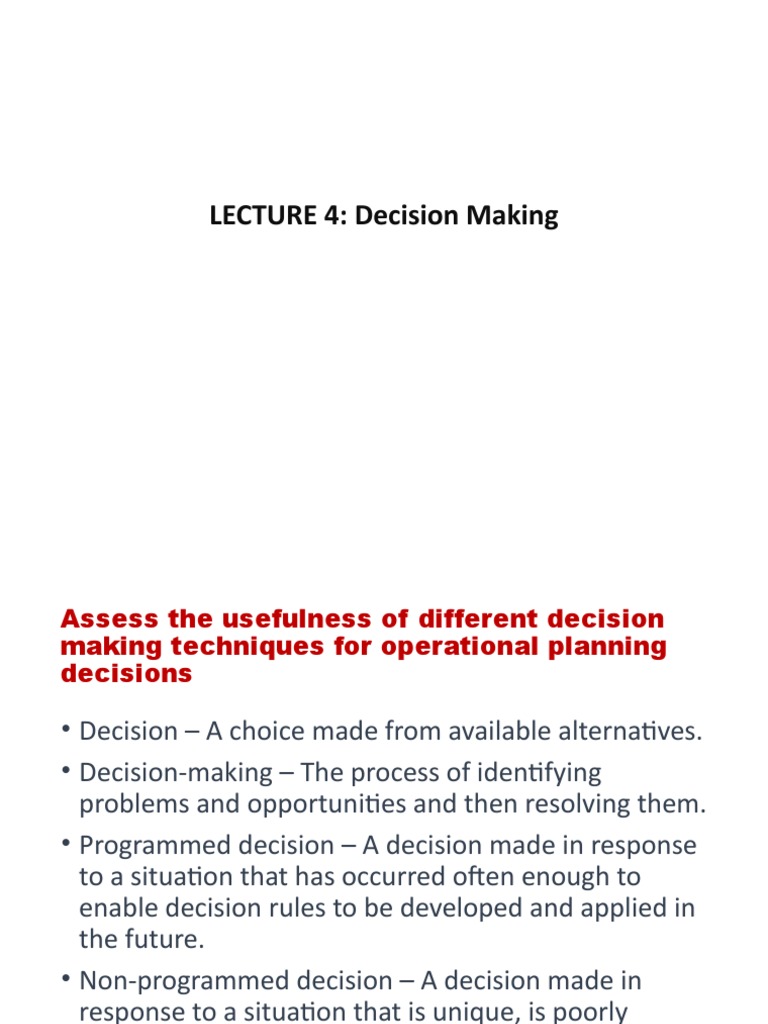 Lecture 4 - Decision Making | PDF | Decision Making | Risk Lecture 4 - Decision Making | PDF | Decision Making | Risk