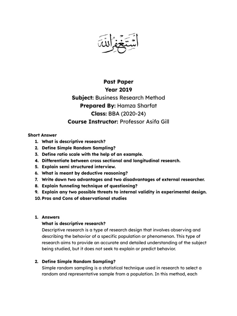 BBA Business Research Q&A 2019 | PDF | Sampling (Statistics ...