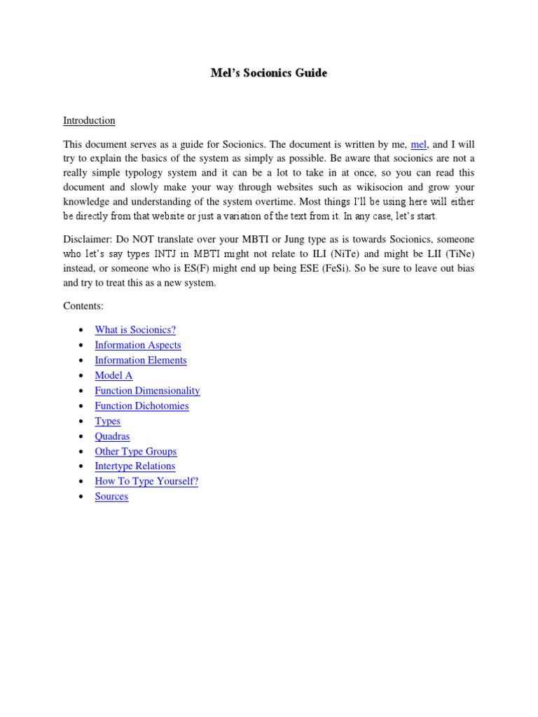 Mel's Guide to Socionics Basics | PDF | Id | Extraversion And Introversion