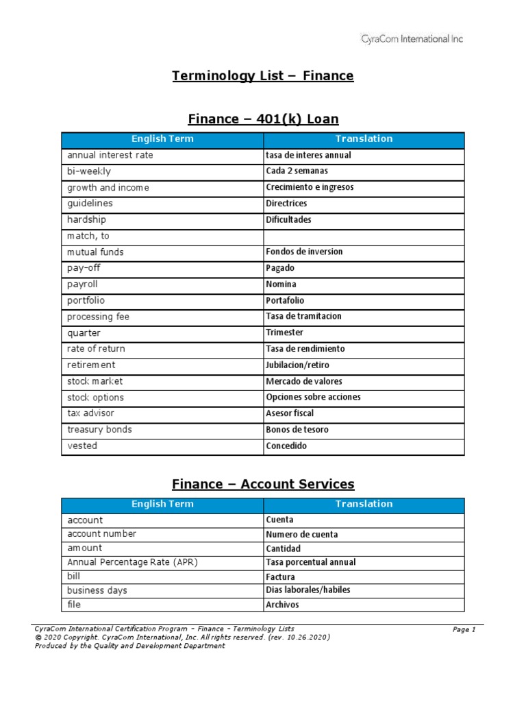 Terminology - Finance | PDF