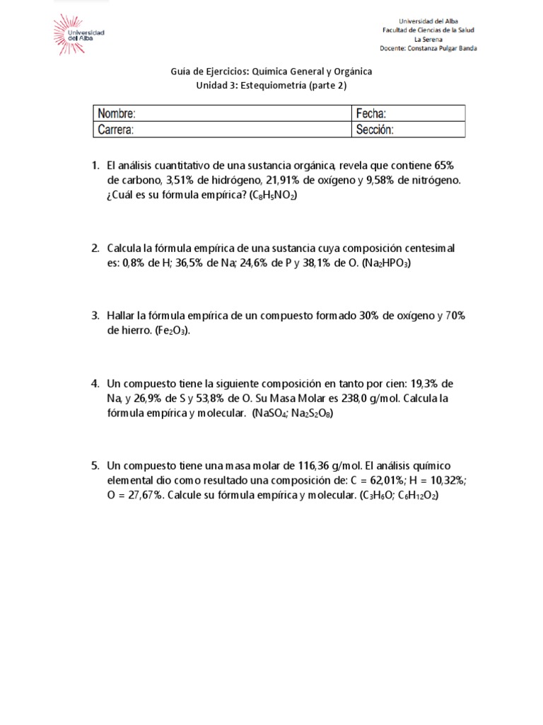 Guía N°2 de Ejercicios (Formula Empírica y Formula Molecular) | PDF