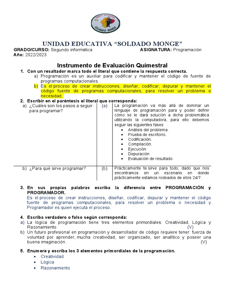 Resuelto Instrumento de Evaluacion Programacion 2 Quimestre Ii Inf. | PDF