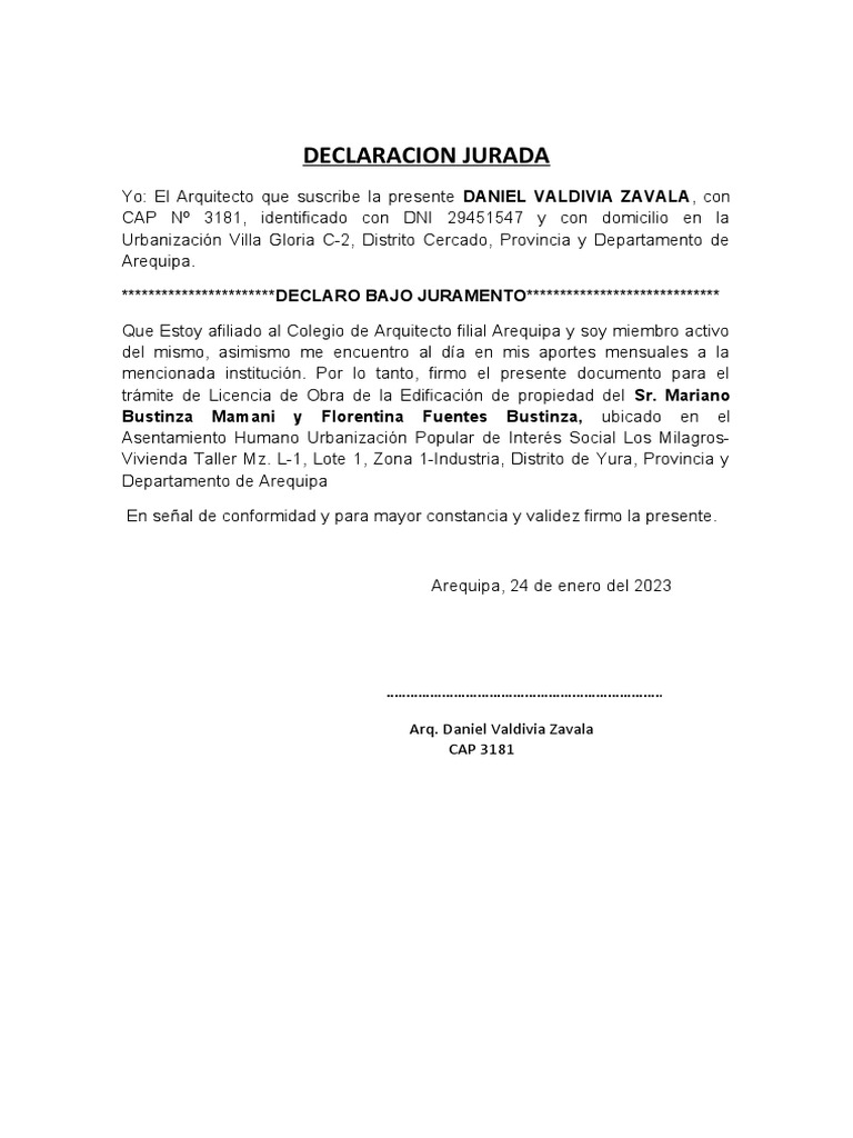 Ejemplo de DECLARACION JURADA ARQUITECTO | PDF