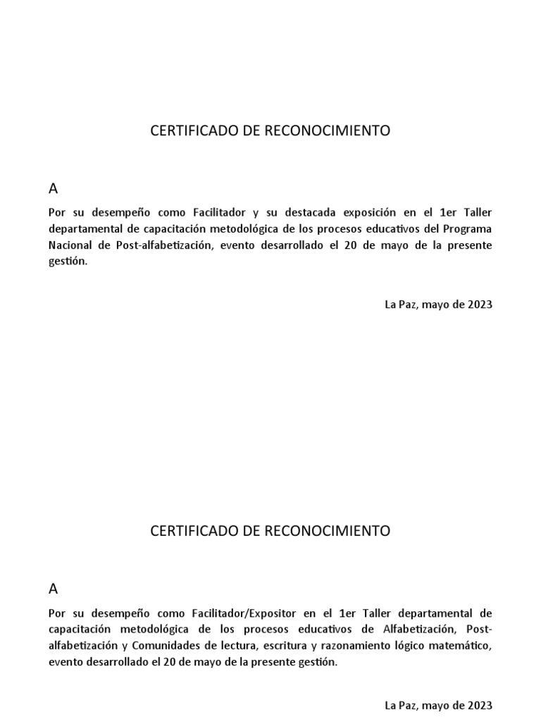 Certificado de Reconocimiento | PDF