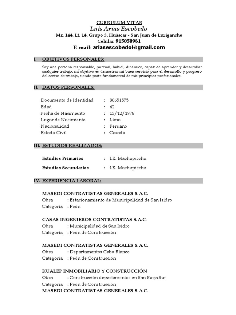 CURRICULUM VITAE Luis Arias Escobedo | PDF
