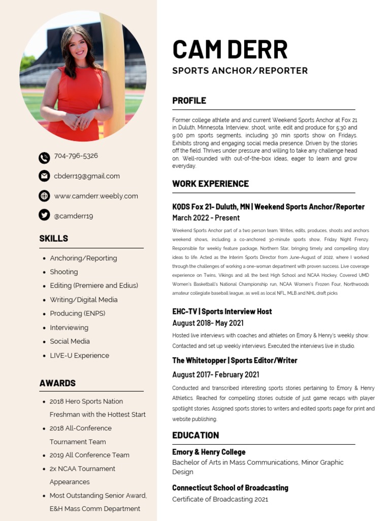 Cam Derr 2023 Sports Anchor Resume | PDF | Entertainment | Sports