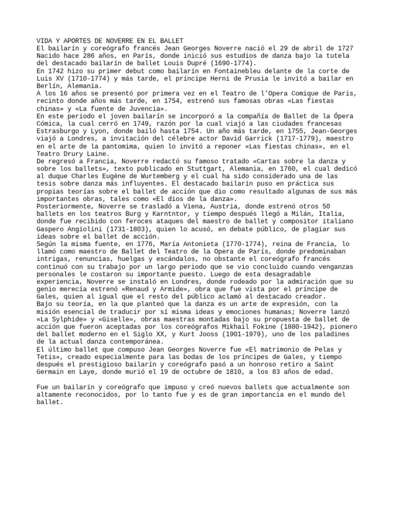 Vida y Aportes de Noverre en El Ballet | PDF | Baile de concierto | Bailes