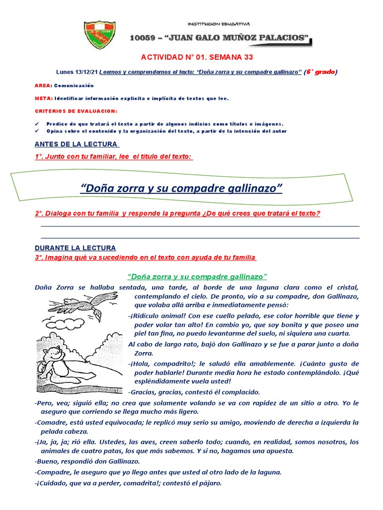 1 ACT. SEM. 33 Leemos y Comprendemos El Texto "Doña Zorra y Su Compadre Gallinazo" | PDF ...