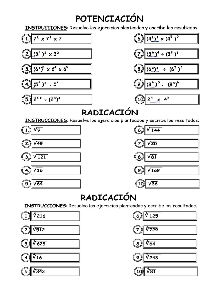 Ficha de Potenciación y Radicación | PDF