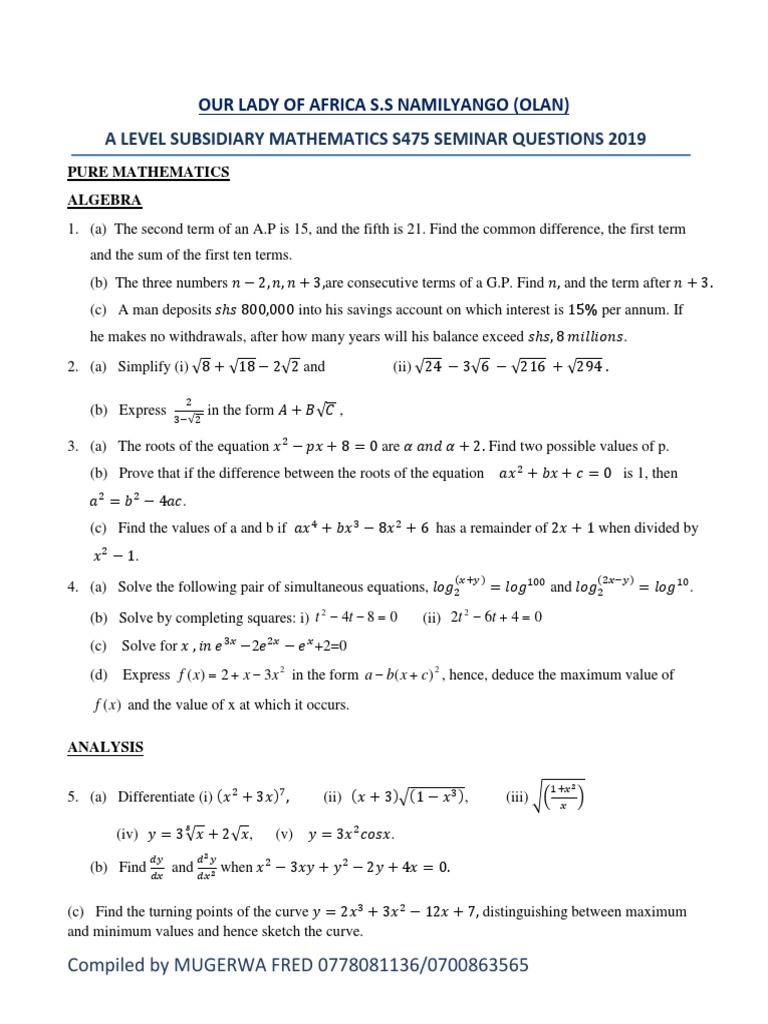 Sub Math Seminar Questions | PDF | Matrix (Mathematics) | Mathematical ...