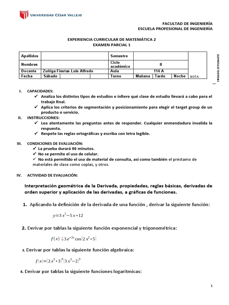 Examen Parcial I Mate 2 | PDF | Derivado | Logaritmo