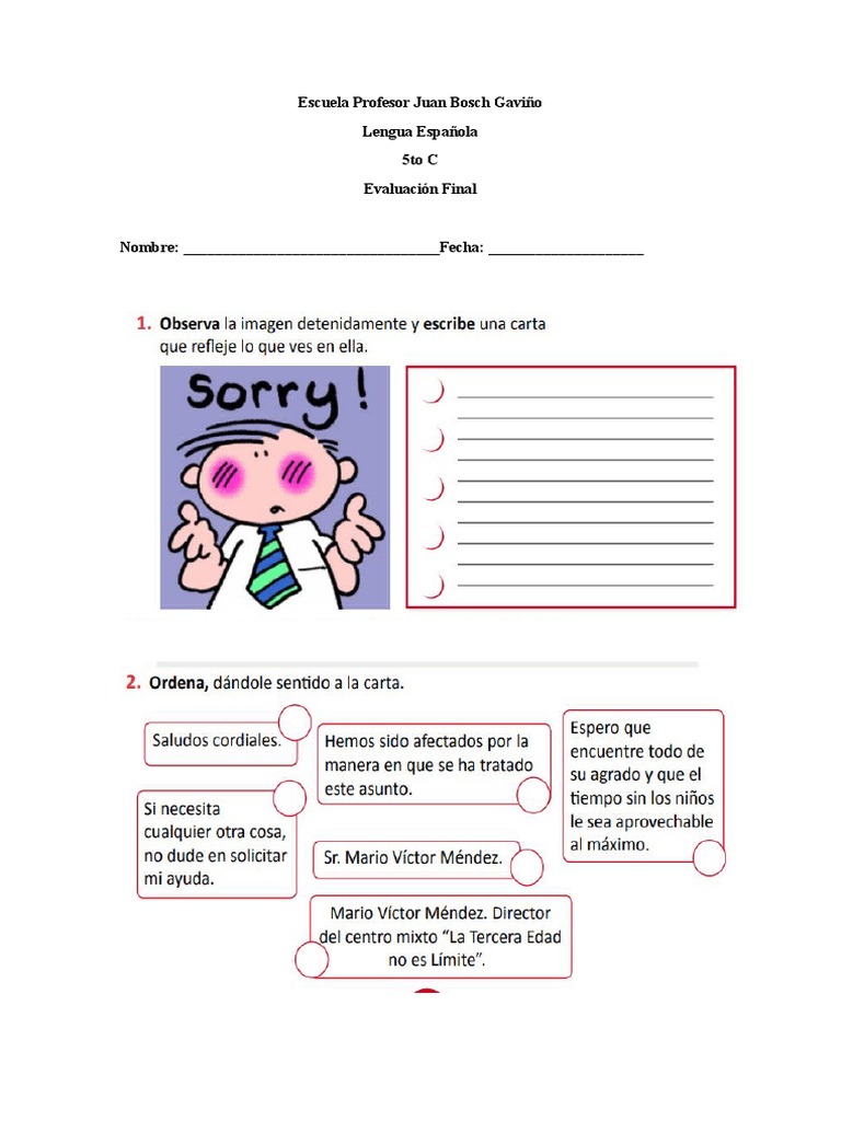 Evaluación de Lengua Española 5to C | PDF