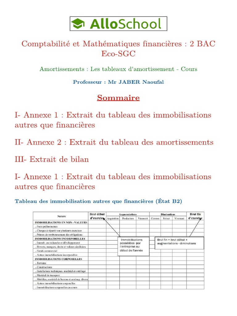 Amortissements Les Tableaux D Amortissement Cours | PDF