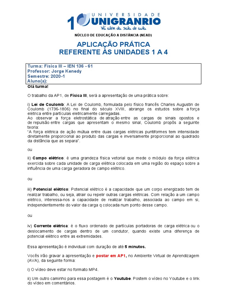 Template Da AP1 de Física III 2021-1 | PDF | Carga elétrica | Eletricidade