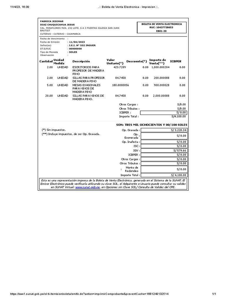 Boleta de Venta Electronica - I.E.I. N° 532-INGUER | PDF