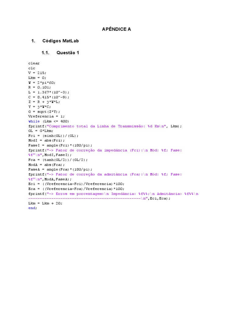 Apêndice A - Códigos MatLab | PDF