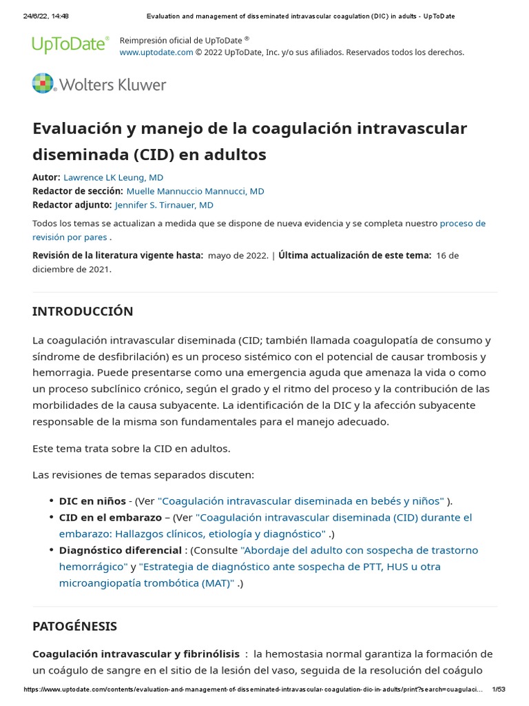 Evaluation and Management of Disseminated Intravascular Coagulation ...